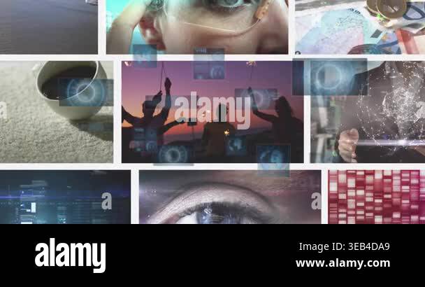 Digital interface with futuristic data processing animation over ...