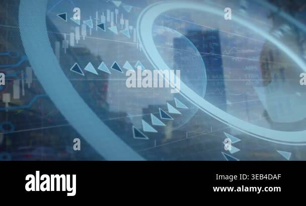 Animation of network of connections and world map over cityscape ...