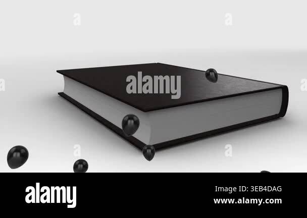 Animation of balloons over book with letters on white background. Black ...