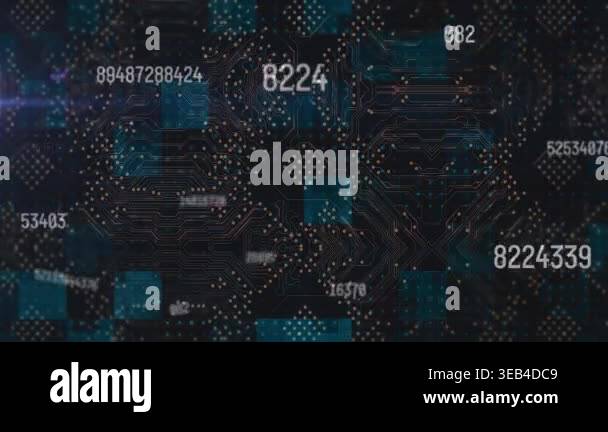 Animation of computer circuit board and data processing on black ...