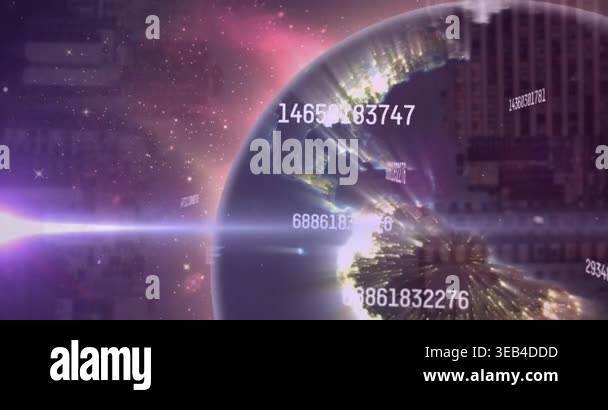 Animation of binary coding data processing over glowing computer ...
