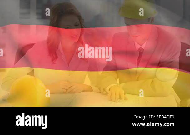 Animation of germany flag over diverse engineer discussing about floor ...