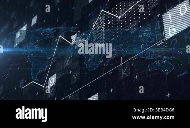 when light flare sweeping grid, blue wireframe world map pulsing chart ...