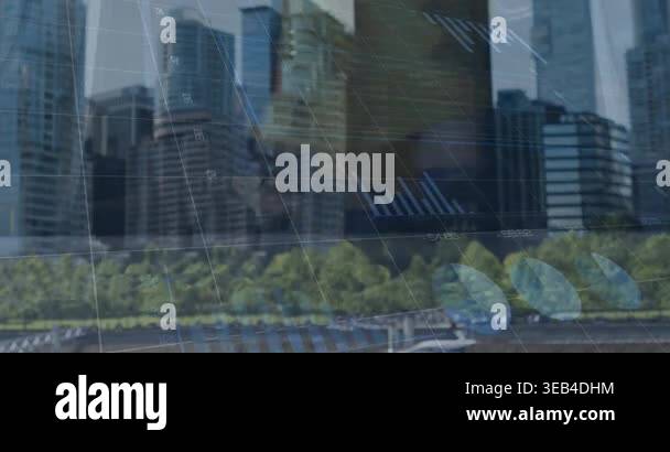 Animation of financial graphs and data over cityscape. Global finance ...