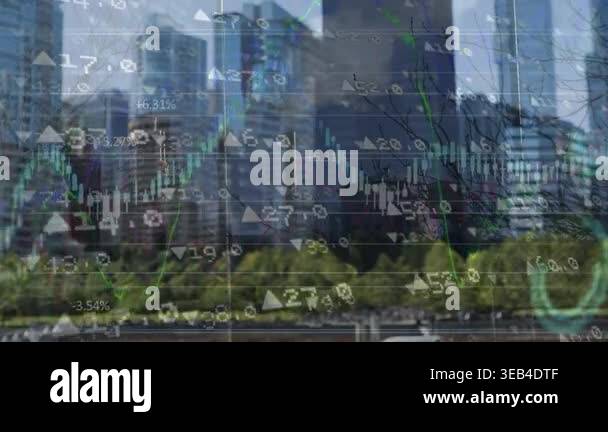Animation of financial data and graphs over cityscape. Global business ...