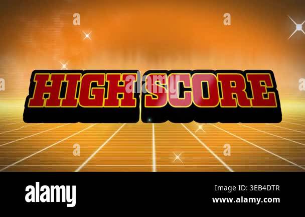 High score text animation over retro grid background with glowing stars ...