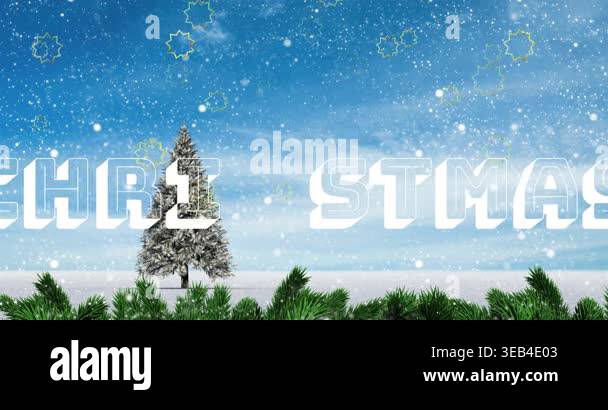 Animation of golden stars and merry christmas text banner against ...