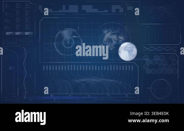 Animation of globe data processing on navy background. global ...