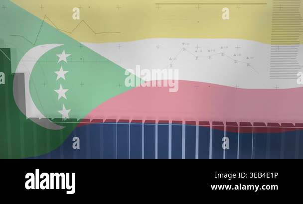 Financial data and graph animation over Comoros flag background ...
