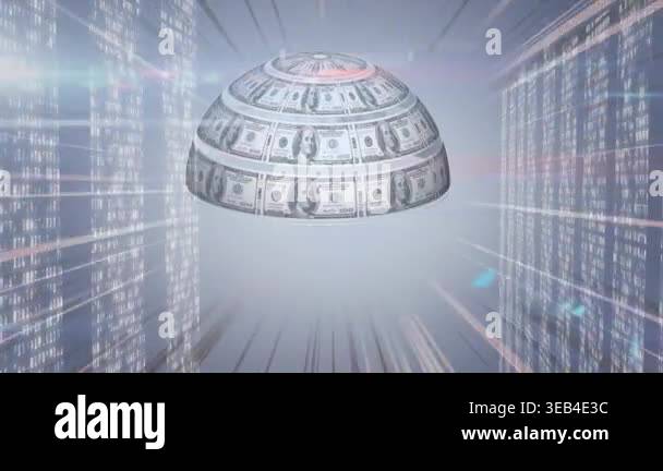 Animation of globe formed with american dollar bills and financial data ...