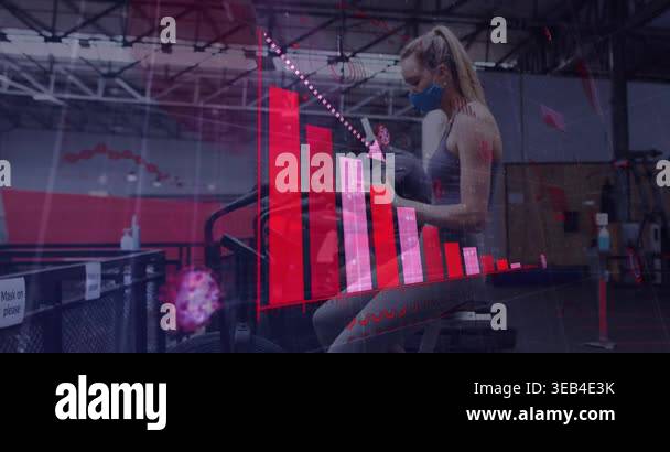 Woman pedaling and tapping phone, causing data chart showing virus ...