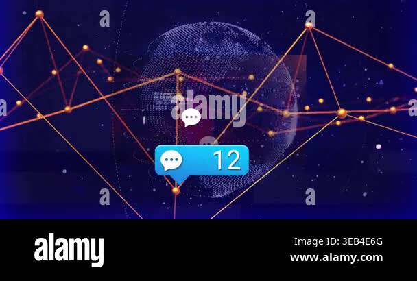 Chat icons and data processing animation over digital communication ...