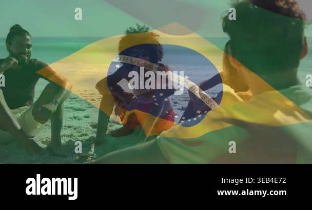 Relaxing on sunny beach, people with Brazilian flag overlay in ...