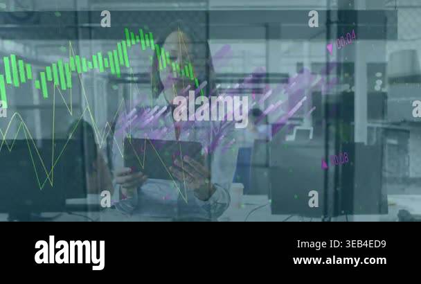 Animation of statistics and financial data processing over man using ...