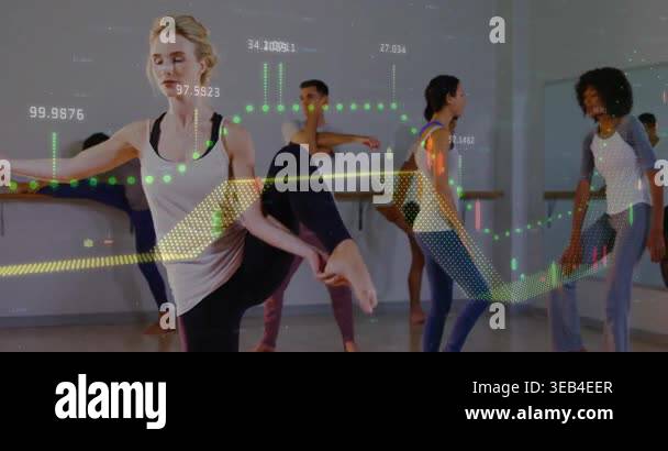 camera focusing on dancer holding arabesque in dance warmup, group ...