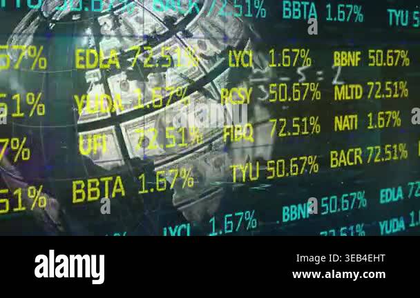 Animation of globe formed with american dollar bills and financial data ...