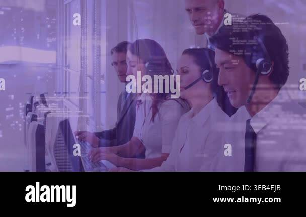 Animation of data processing and qr code over diverse business people ...