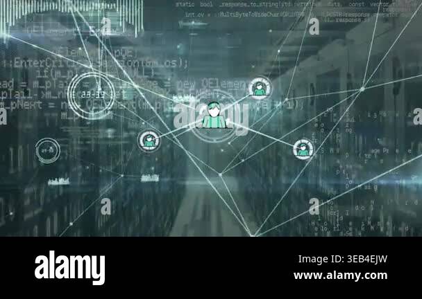 Animation of connected icons, sound waves, programming language and ...
