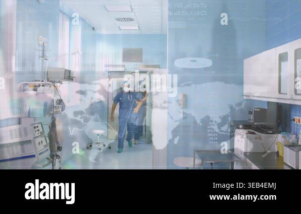 Animation of data processing over diverse doctors running. global ...