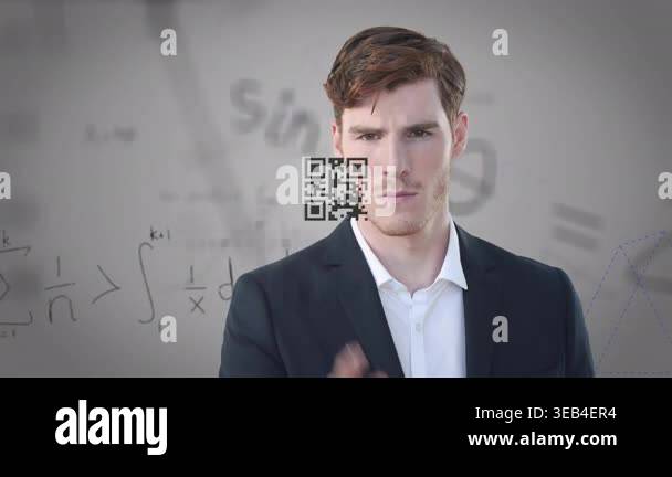 Animation of qr code, mathematical equations over caucasian businessman ...