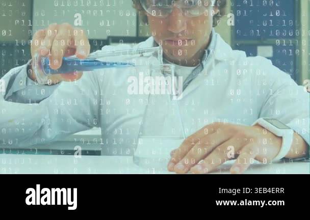 Animation of binary code over caucasian male lab worker pouring liquids ...