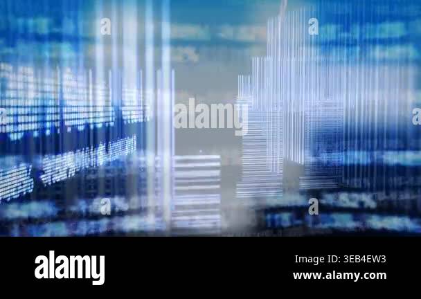Animation of data processing over landscape. Global business technology ...