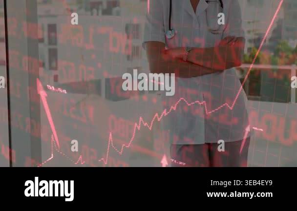 nurse standing behind pulsing red financial chart observing arrow ...