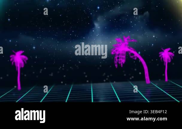 Neon palm trees and grid animation over starry night sky background ...