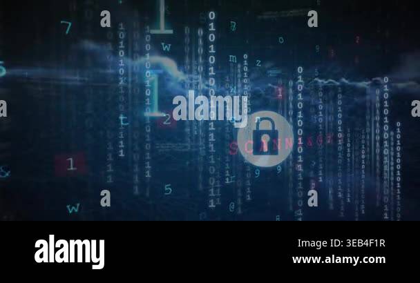Animation of security padlock and data processing over black background ...