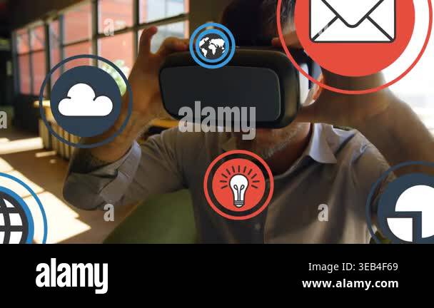 Multiple digital icons over caucasian senior man wearing vr headset at ...