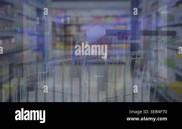 Animation of data processing over shopping cart. Global business and ...