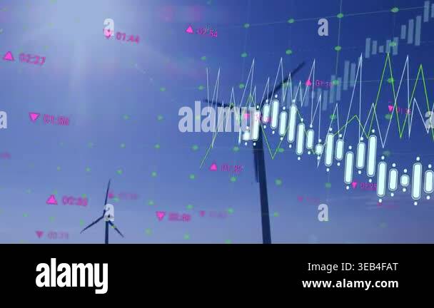 Animation of statistics and data processing over wind turbines. Wind ...