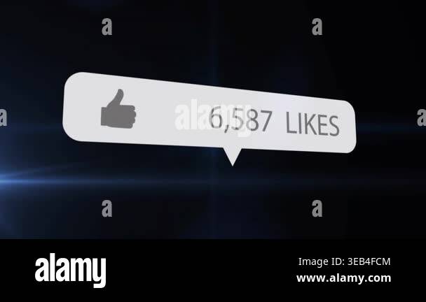 Animation of likes text with growing number over light trails on black ...