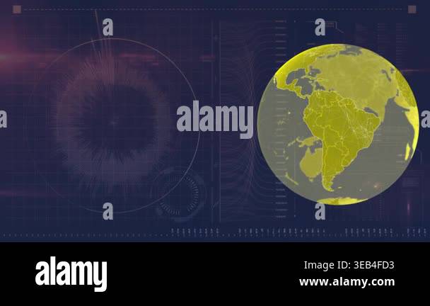 Animation of globe data processing on navy background. global ...