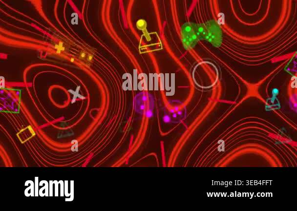 Animation of colourful video game controllers and icons over red swirls ...