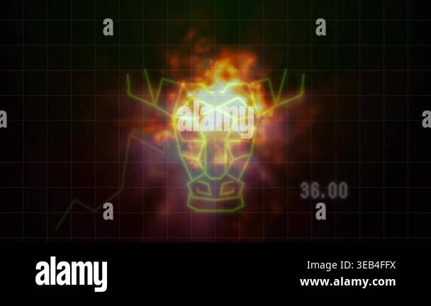 Displaying neon green 3D-rendered bull head wireframe over grid showing ...