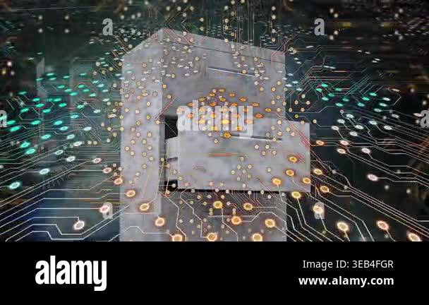Animation of computer circuit board over network of connections and ...