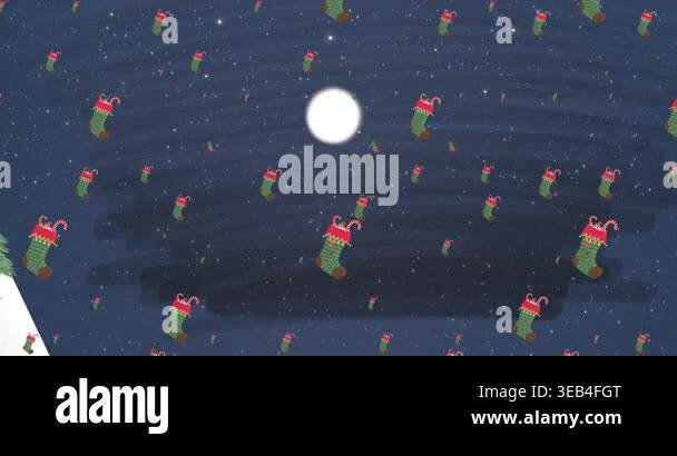 Animation of snow falling over christmas pattern and decorations ...