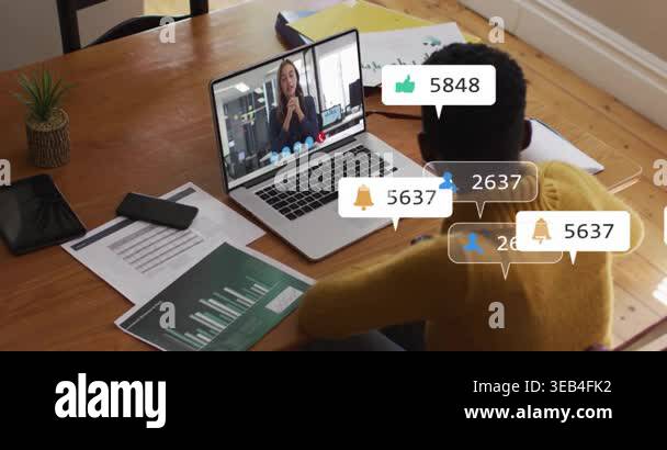 Woman initiating call on laptop with charts and icons clustering rising ...