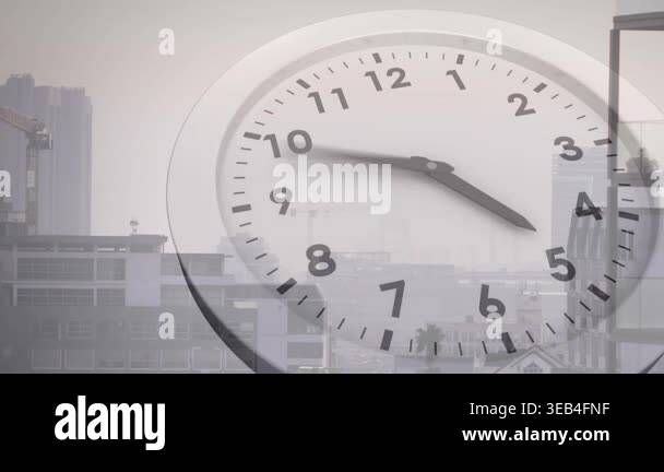 Mechanism engaging, analog clock hands sweeping clockwise with blurred ...