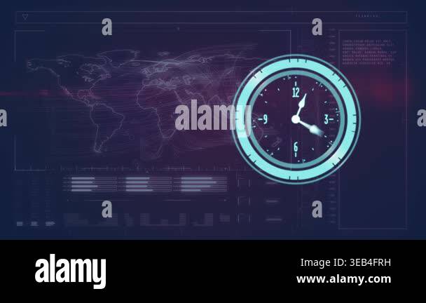 Animation of clock data processing and map on navy background. global ...