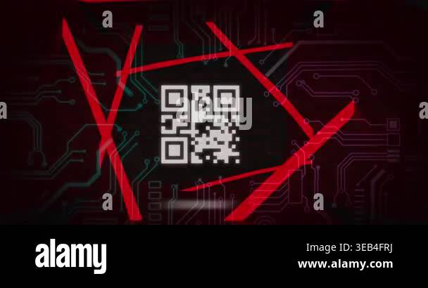 Animation of blinking qr code in abstract pattern and circuit board ...