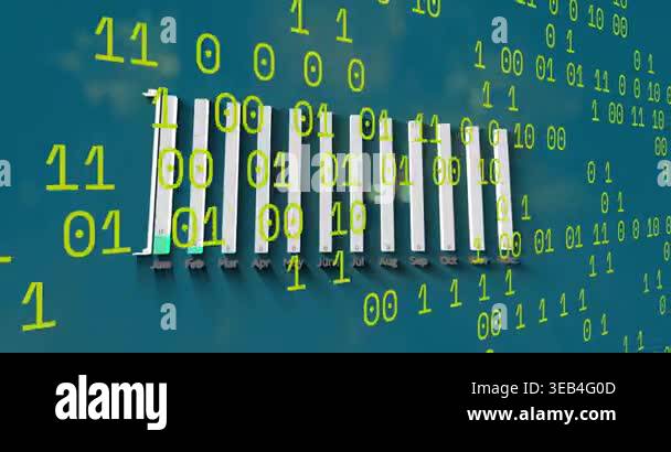 Animation of graphs and binary code on green background. Finance ...