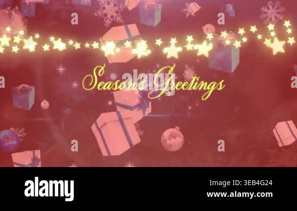Animation of fairy lights and seasons greetings text banner against ...