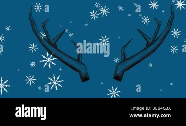 Animation of snowflakes floating over antlers on blue background ...