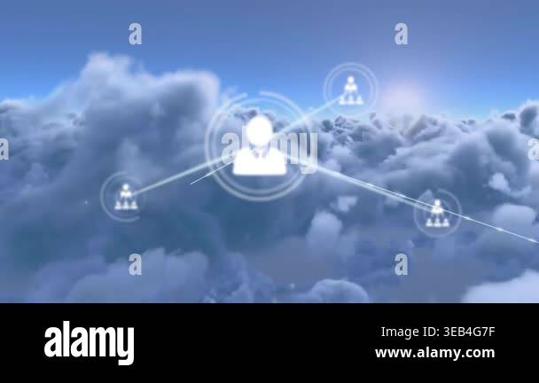 Animation of network of connections with icons over clouds. Global ...
