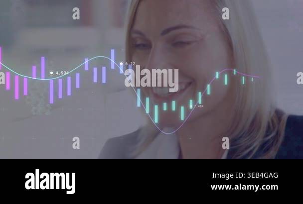 Executive woman watching candlestick chart sliding left, overlay ...