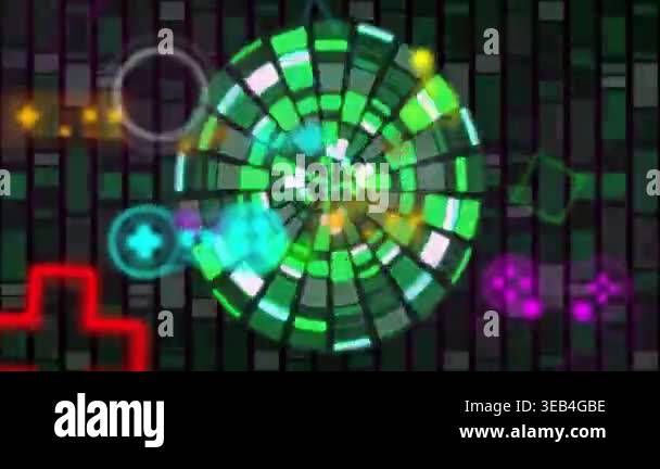 Animation of neon gaming icons over green and gray shapes moving. Retro ...
