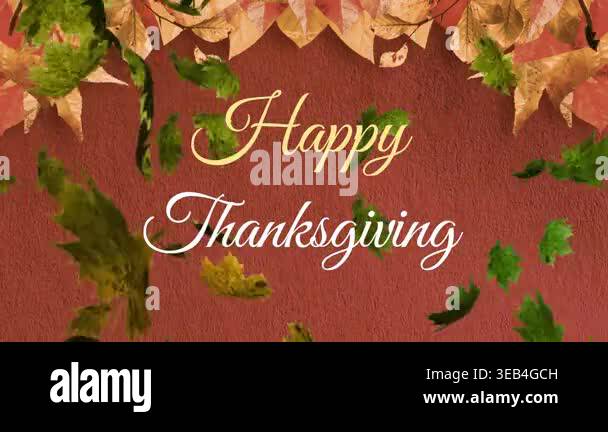 Animation of happy thanksgiving text banner and autumn leaves floating ...
