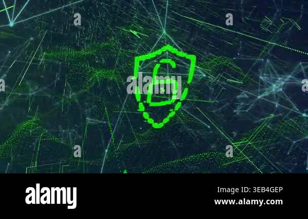 Security padlock icon, network of connections and green digital waves ...